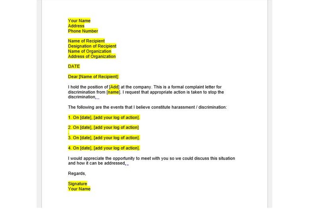 Workplace Discrimination Letter Template, Workplace Discrimination ...