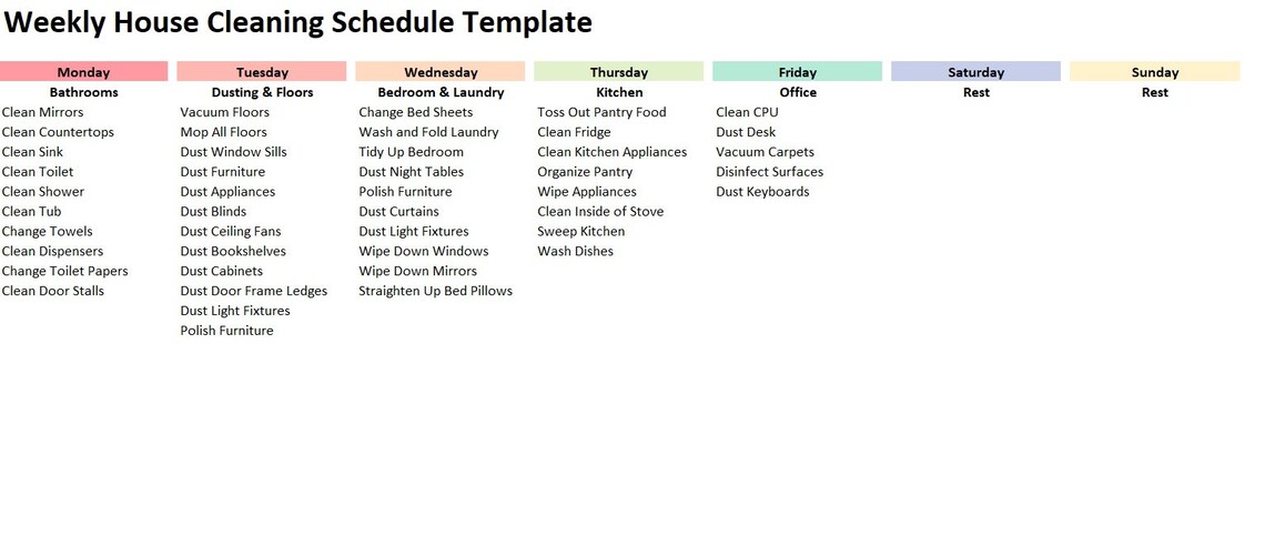 Weekly House Cleaning Schedule, Weekly House Cleaning Schedule Template ...