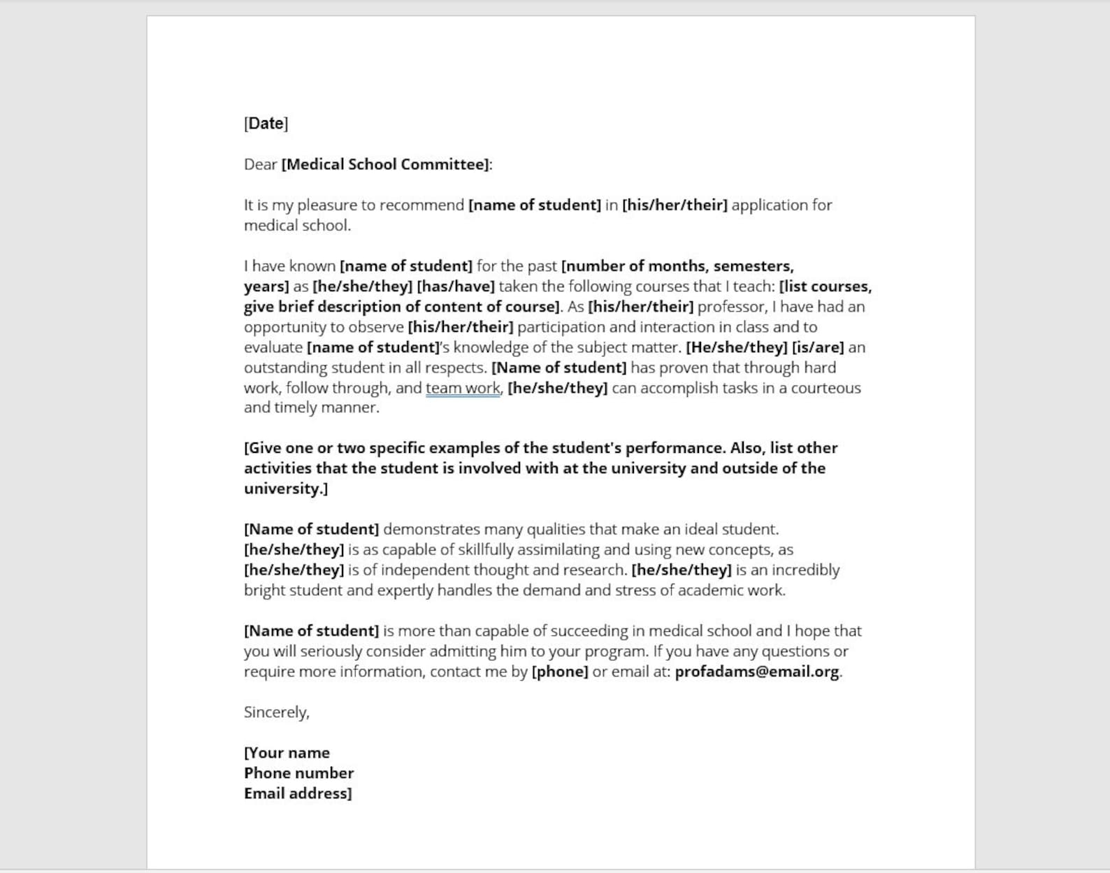 Medical School Recommendation Letter Template, Medical School ...