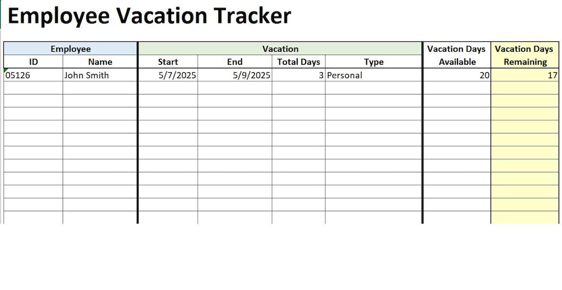 Editable Employee Vacation Tracker Template, Employee Vacation Leave ...