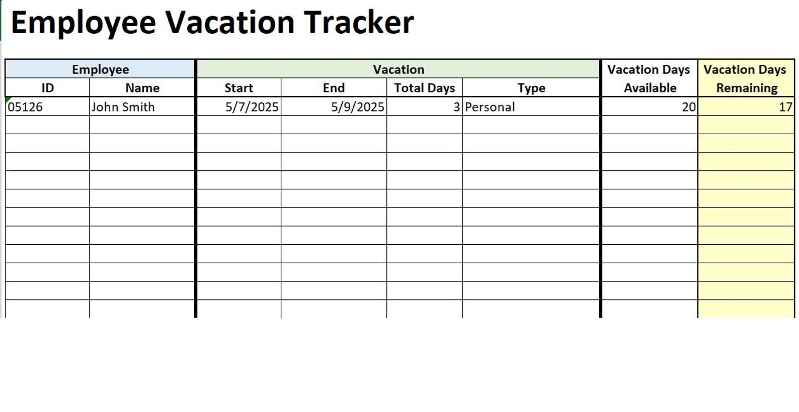 Editable Employee Vacation Tracker Template, Employee Vacation Leave ...