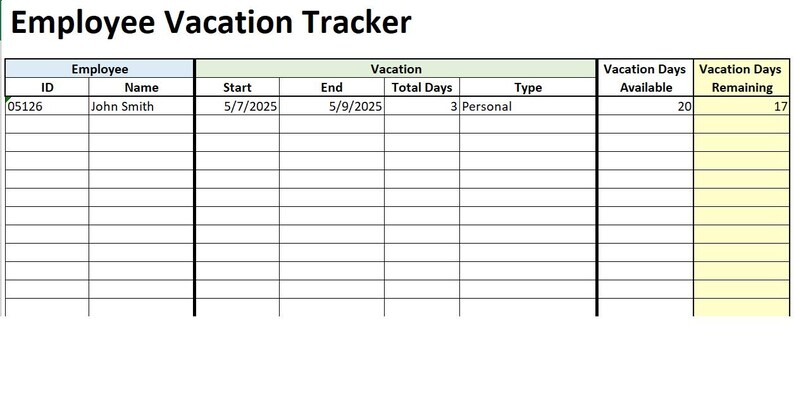 Editable Employee Vacation Tracker Template, Employee Vacation Leave ...