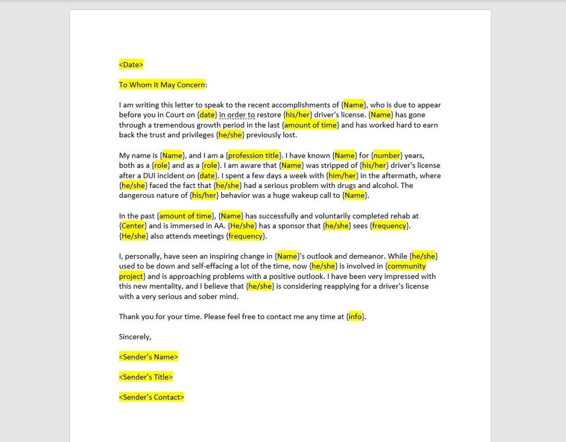 Character Reference Letter to Restore Drivers License, Character ...