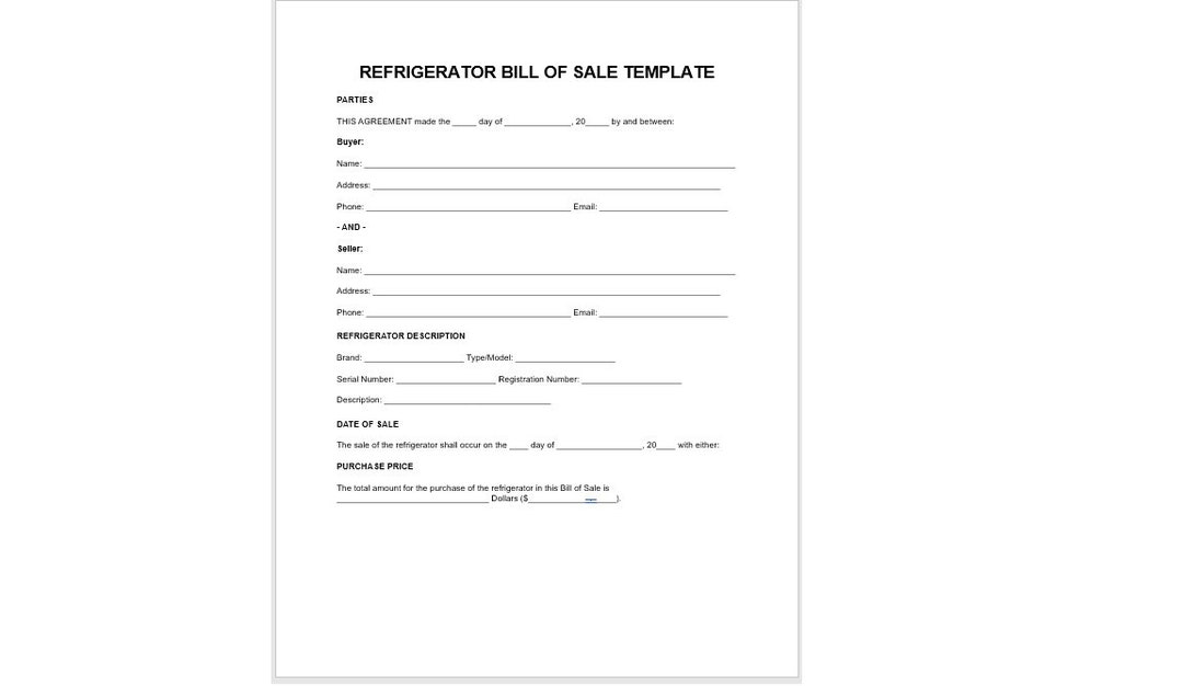 Editable Refrigerator Bill of Sale Template, Editable Bill of Sale ...