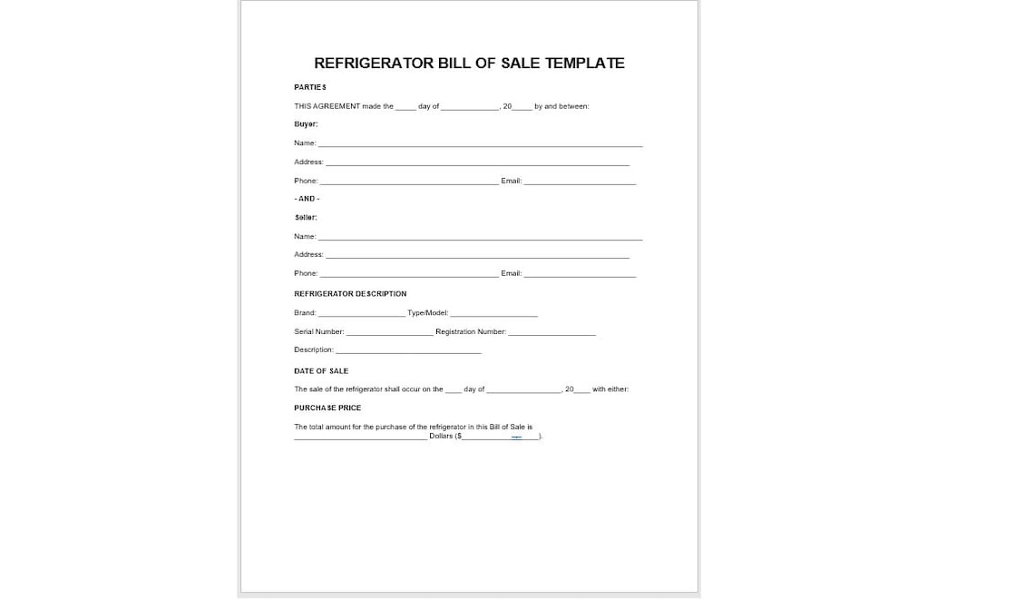 Editable Refrigerator Bill of Sale Template, Editable Bill of Sale ...