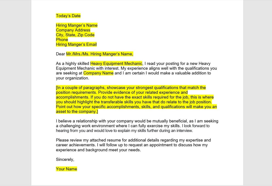Heavy Equipment Mechanic Cover Letter Mechanic Cover Letter - Etsy