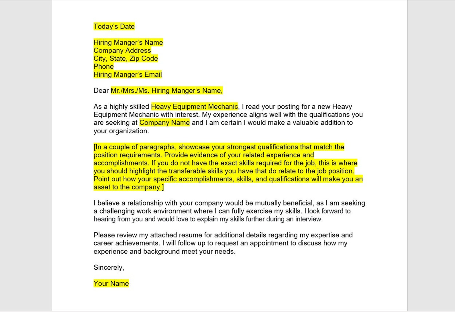 Heavy Equipment Mechanic Cover Letter, Mechanic, Cover Letter Template ...
