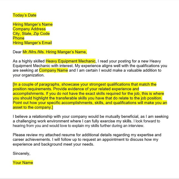 Heavy Equipment Mechanic Cover Letter - Etsy Heavy Equipment Mechanic Cover Letter - Etsy