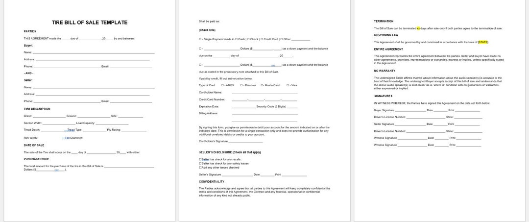 Editable Tire Bill of Sale Template, Editable Bill of Sale, Bill of ...