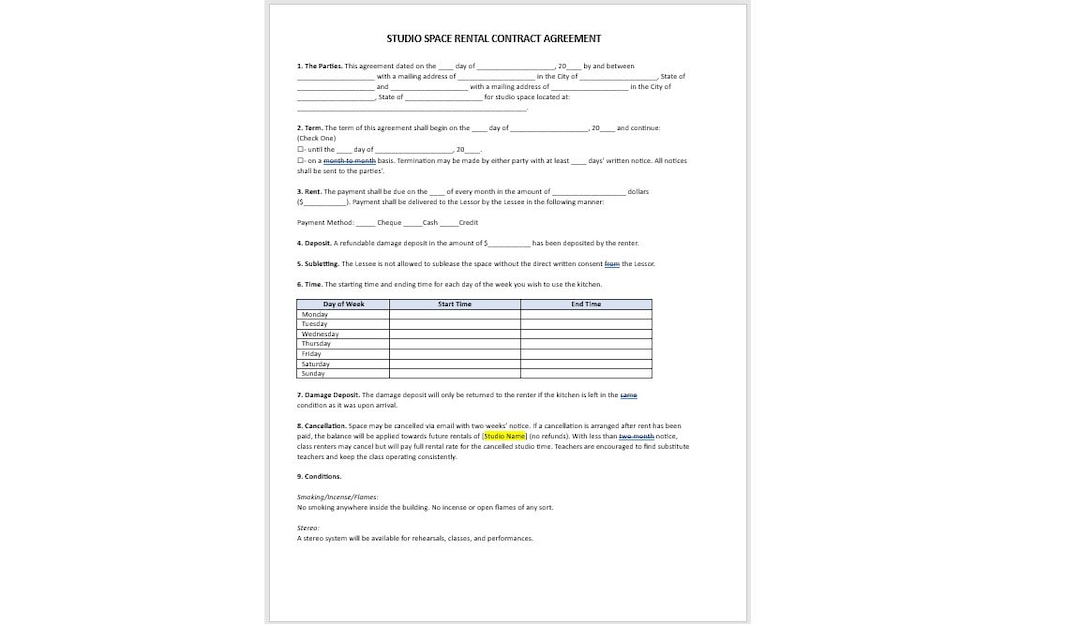Studio Rental Agreement, Studio Space Rental Agreement Template, Studio ...