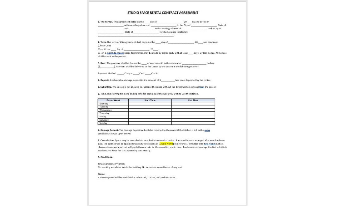 Studio Rental Agreement, Studio Space Rental Agreement Template, Studio ...