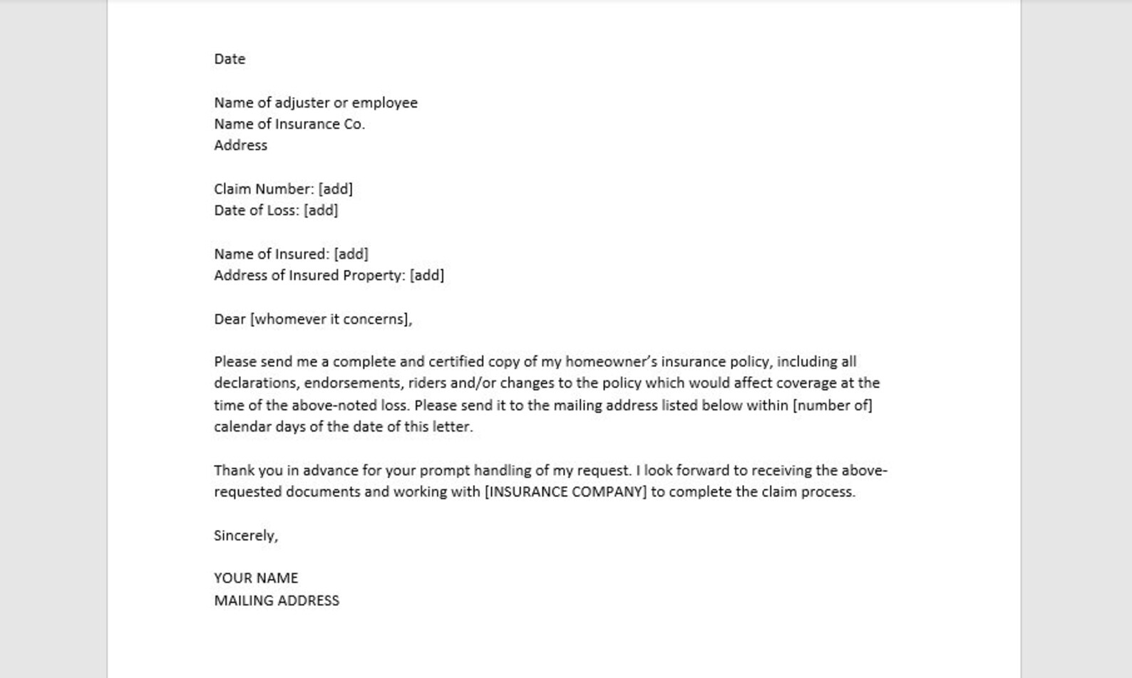 Sample Letter Requesting Homeowners Policy, Homeowners Policy ...