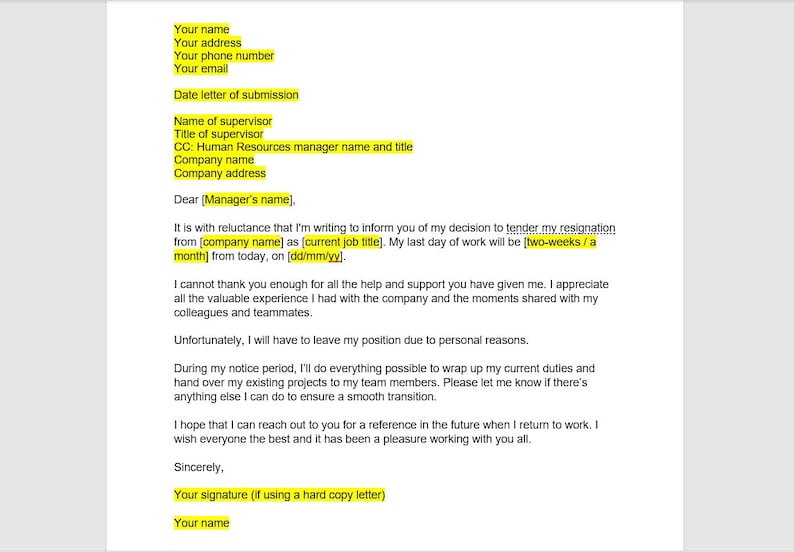 Personal Reason Resignation Letter, Resignation Letter, Resignation ...