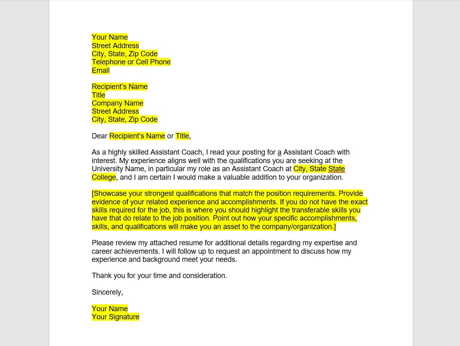 Assistant Coach Cover Letter, Cover Letter Template, Editable Cover ...