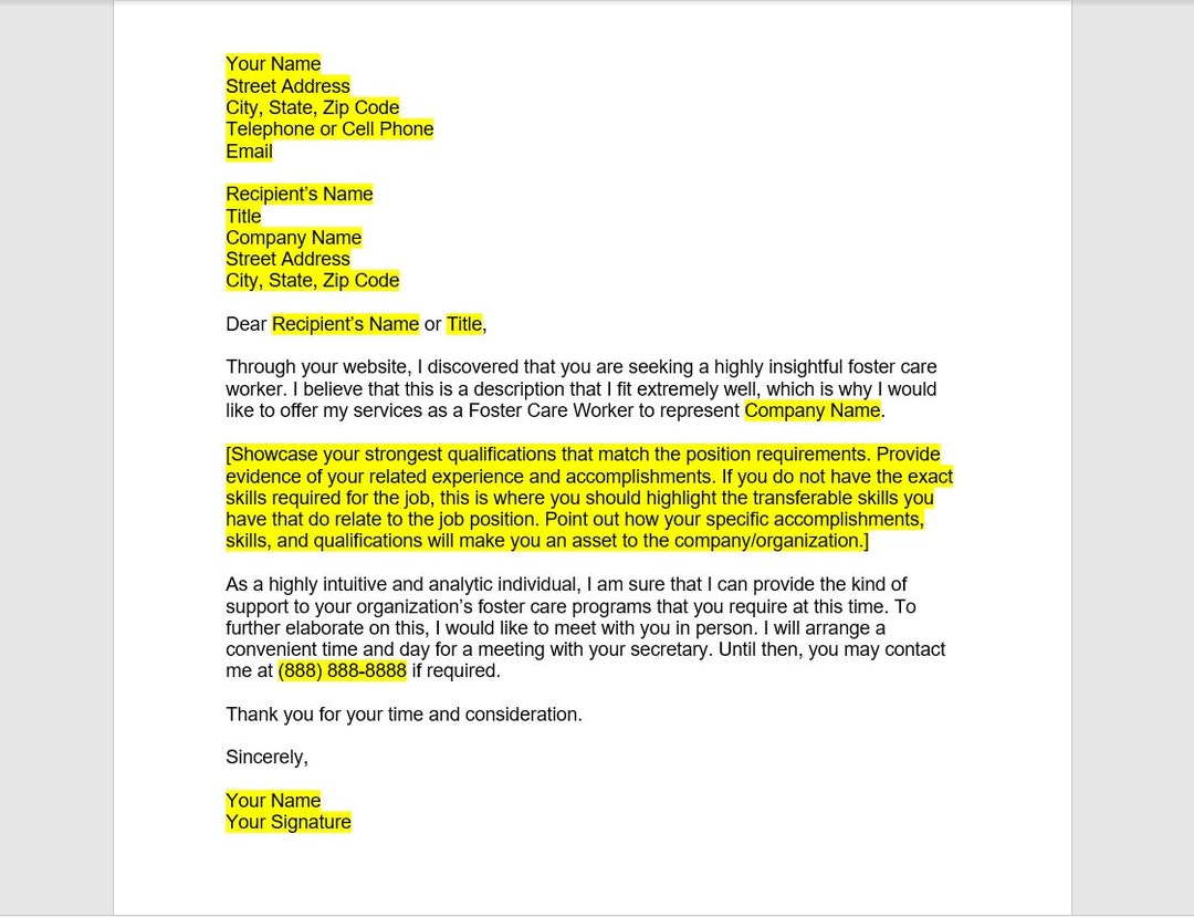 Foster Care Worker Cover Letter, Cover Letter Template, Editable Cover ...