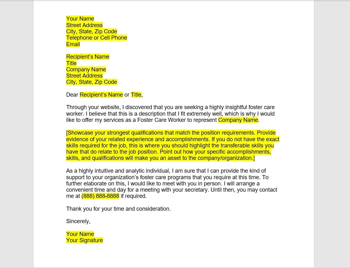 Foster Care Worker Cover Letter, Cover Letter Template, Editable Cover ...