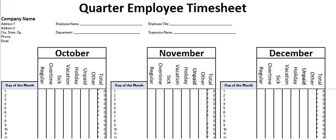 Editable Quarter Employee Timesheet, Quarter Employee Timesheet ...