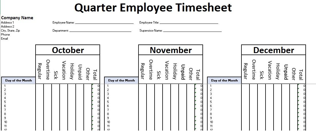 Editable Quarter Employee Timesheet, Quarter Employee Timesheet ...