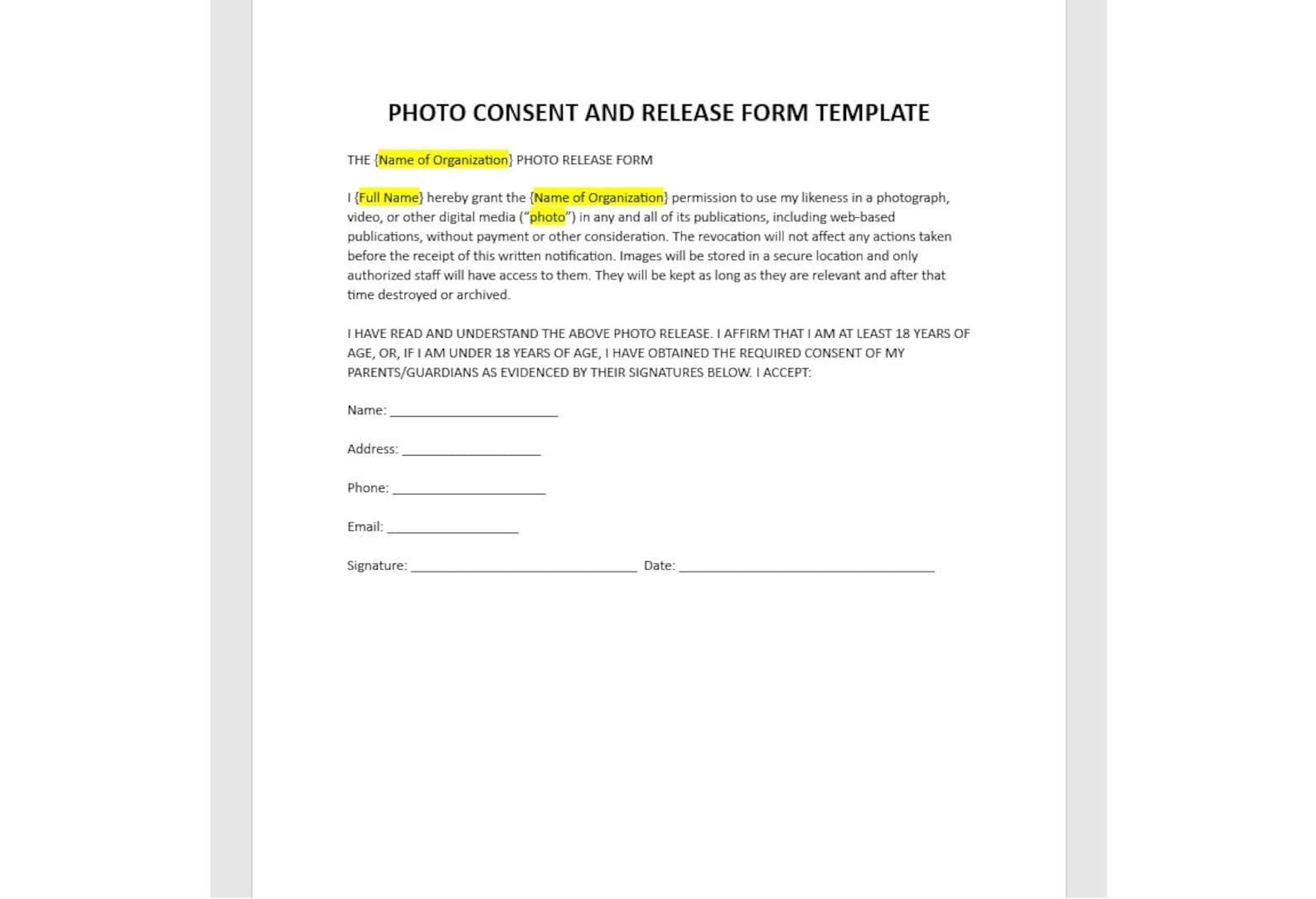 Editable Photo Consent Form Template, Consent Form Template, Consent ...