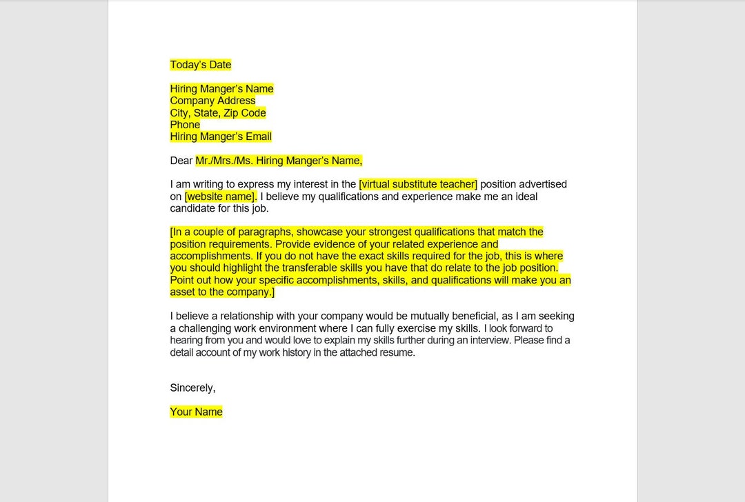 Virtual Substitute Teacher Cover Letter, Cover Letter Template ...