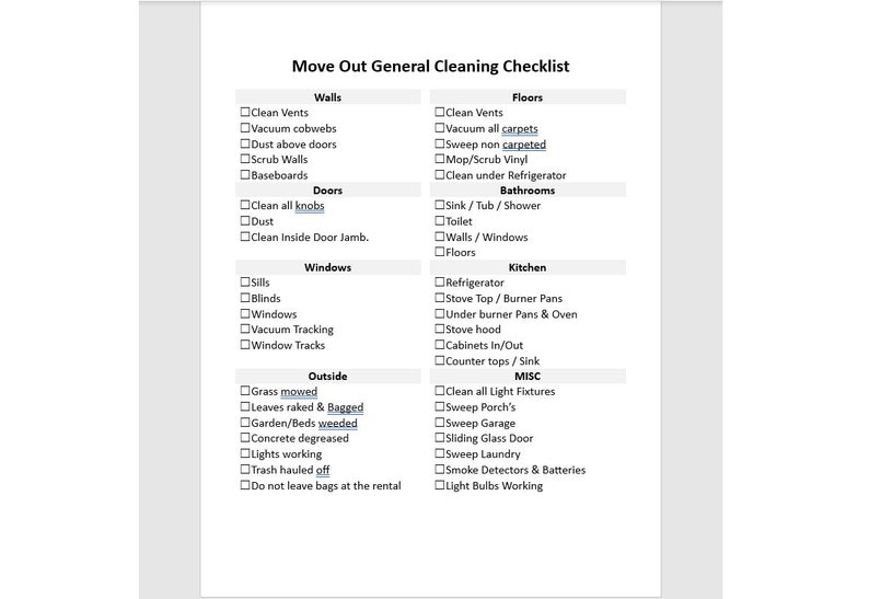 Landlord Move Out Cleaning Checklist, Editable Move Out Cleaning ...