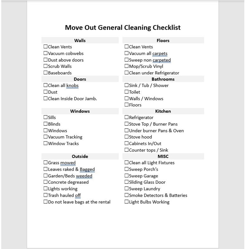 Move Out Cleaning Checklist - Etsy