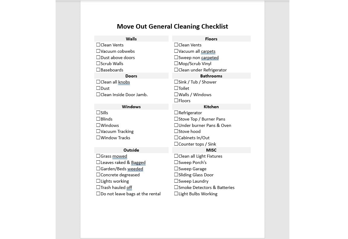 Landlord Move Out Cleaning Checklist, Editable Move Out Cleaning ...