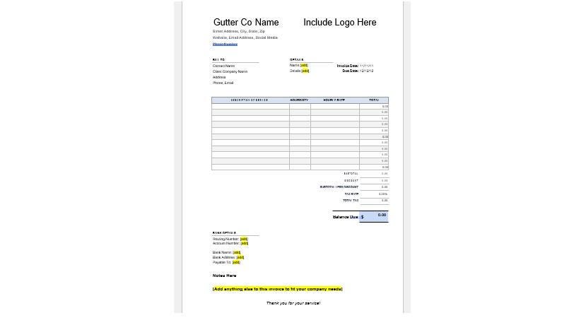 Editable Gutter Contractor Invoice Template, Gutter Contractor Invoice ...