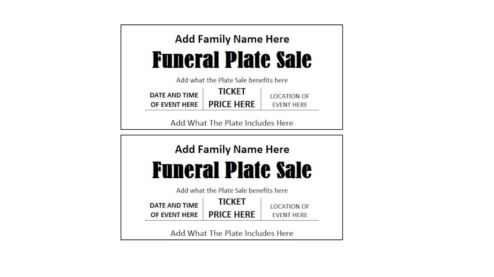 Funeral Plate Sale Ticket, Funeral Plate Sale Fundraiser Ticket ...