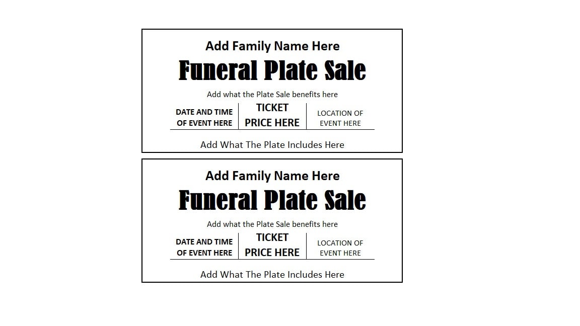 Funeral Plate Sale Ticket, Funeral Plate Sale Fundraiser Ticket ...