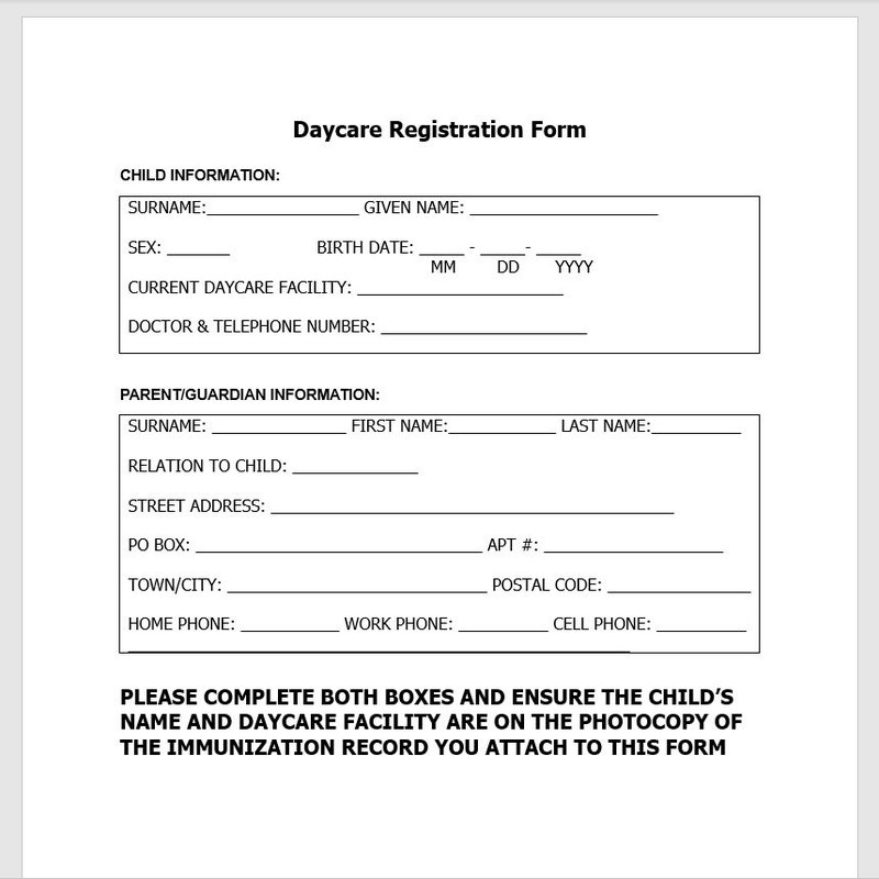 Registration Form for Daycare - Etsy
