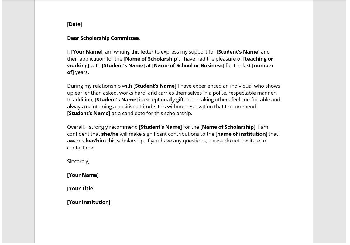 Examples Of Scholarship Recommendation Letters