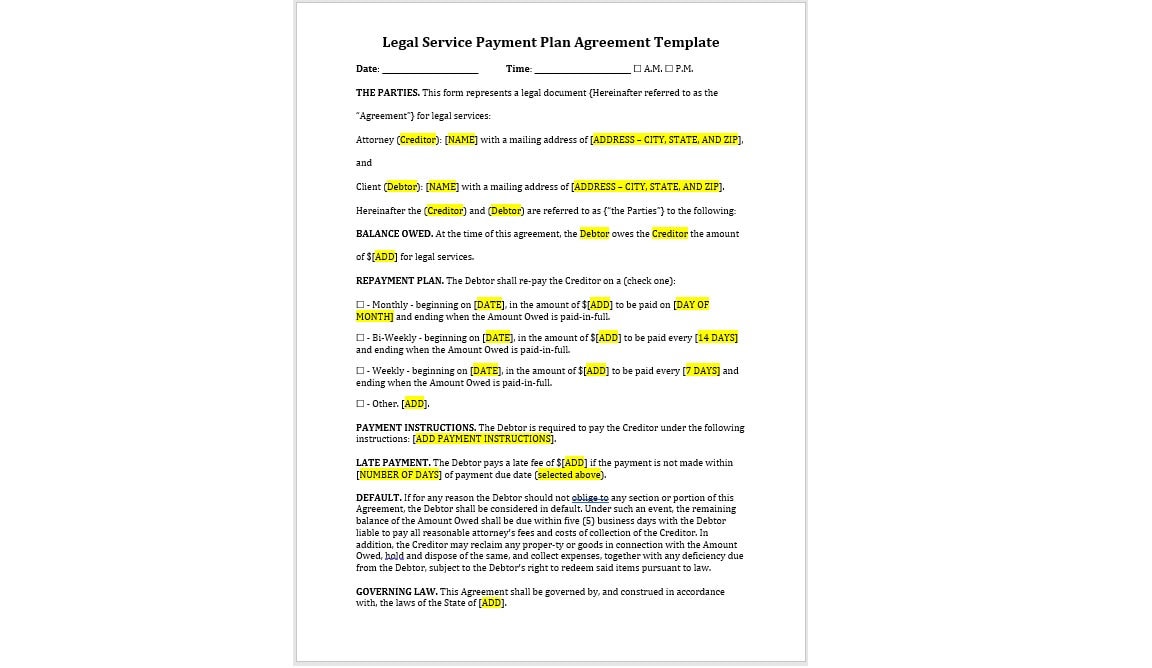 Editable Legal Service Payment Plan Template, Legal Service Payment ...
