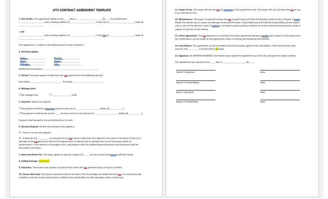 Editable UTV Contract Agreement, Utv Contract Template, Utv Agreement ...