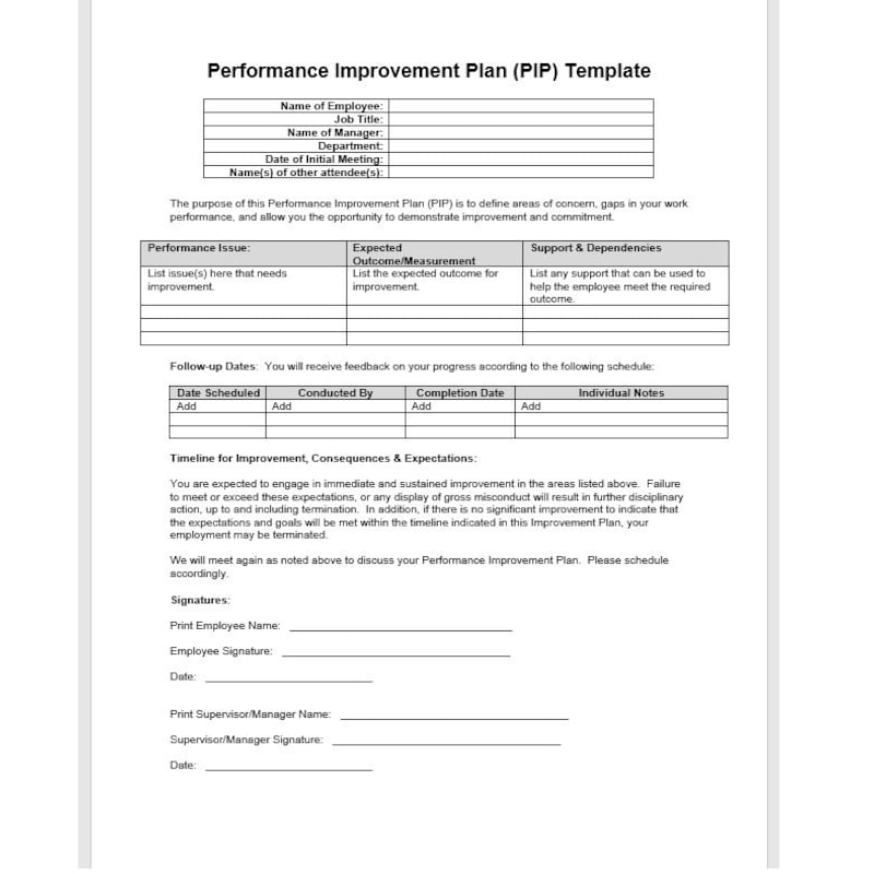 Performance Improvement Plan Template - Etsy