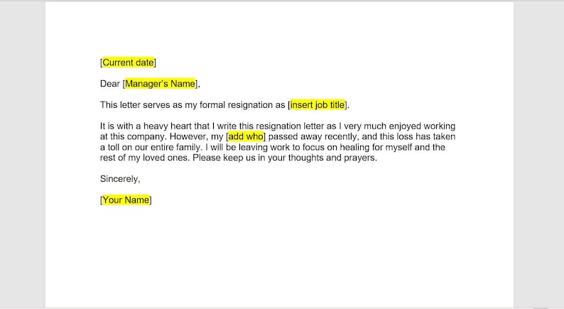 Death in Family Resignation Letter Template, Resignation Letter ...