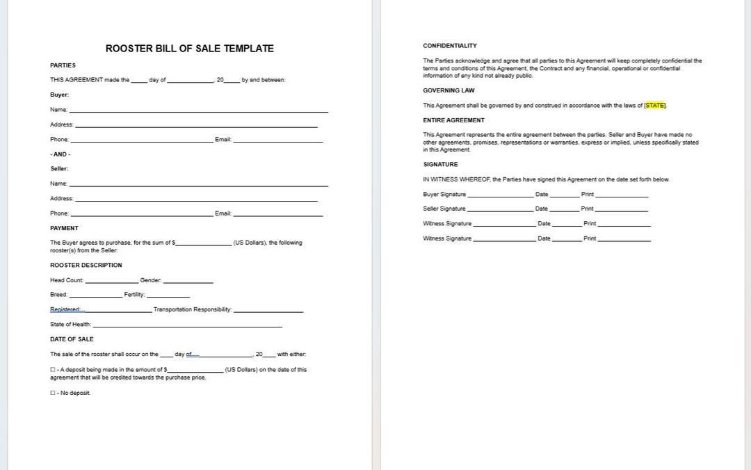 Editable Rooster Bill of Sale Template, Editable Bill of Sale, Bill of ...