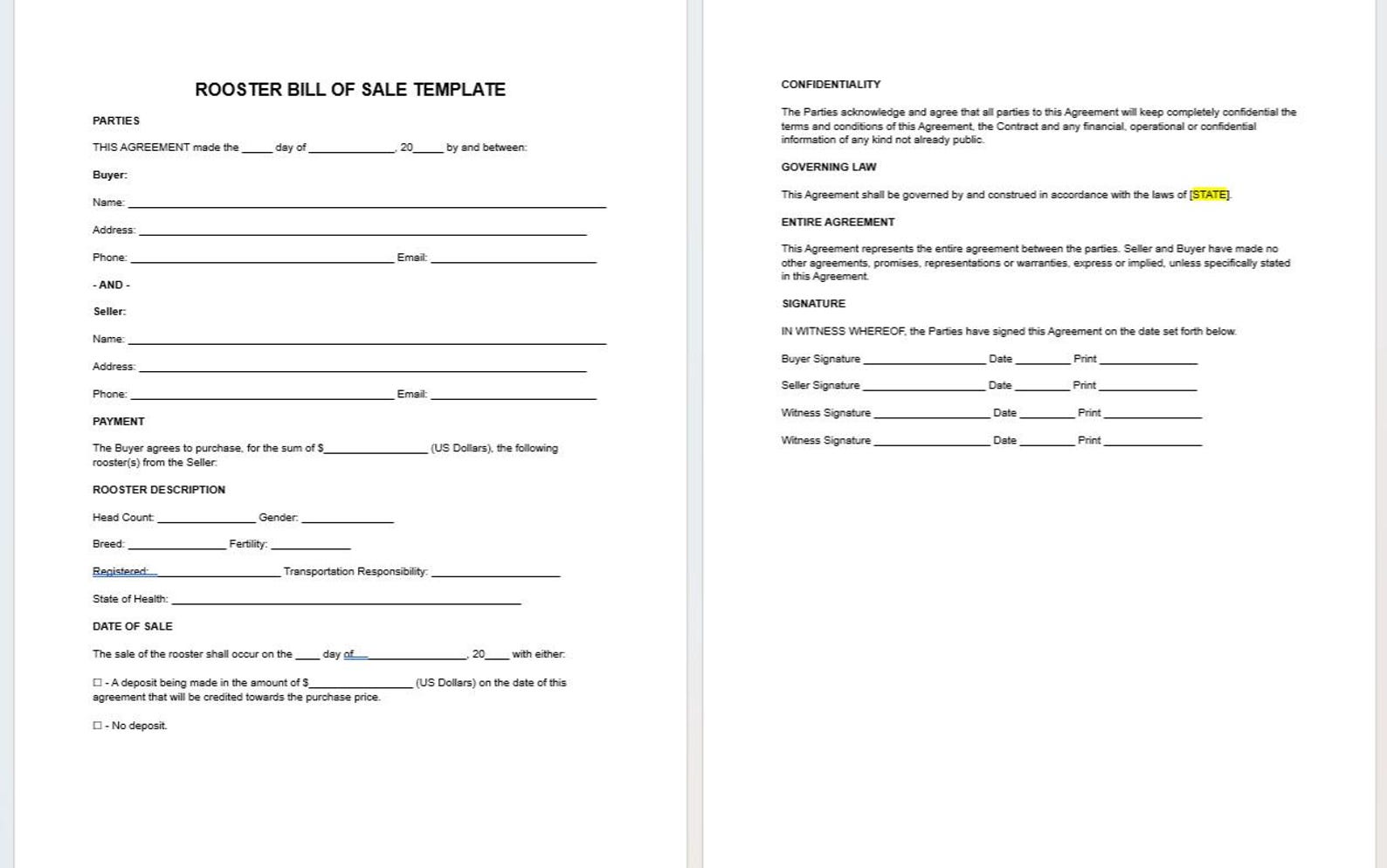 Editable Rooster Bill of Sale Template, Editable Bill of Sale, Bill of ...