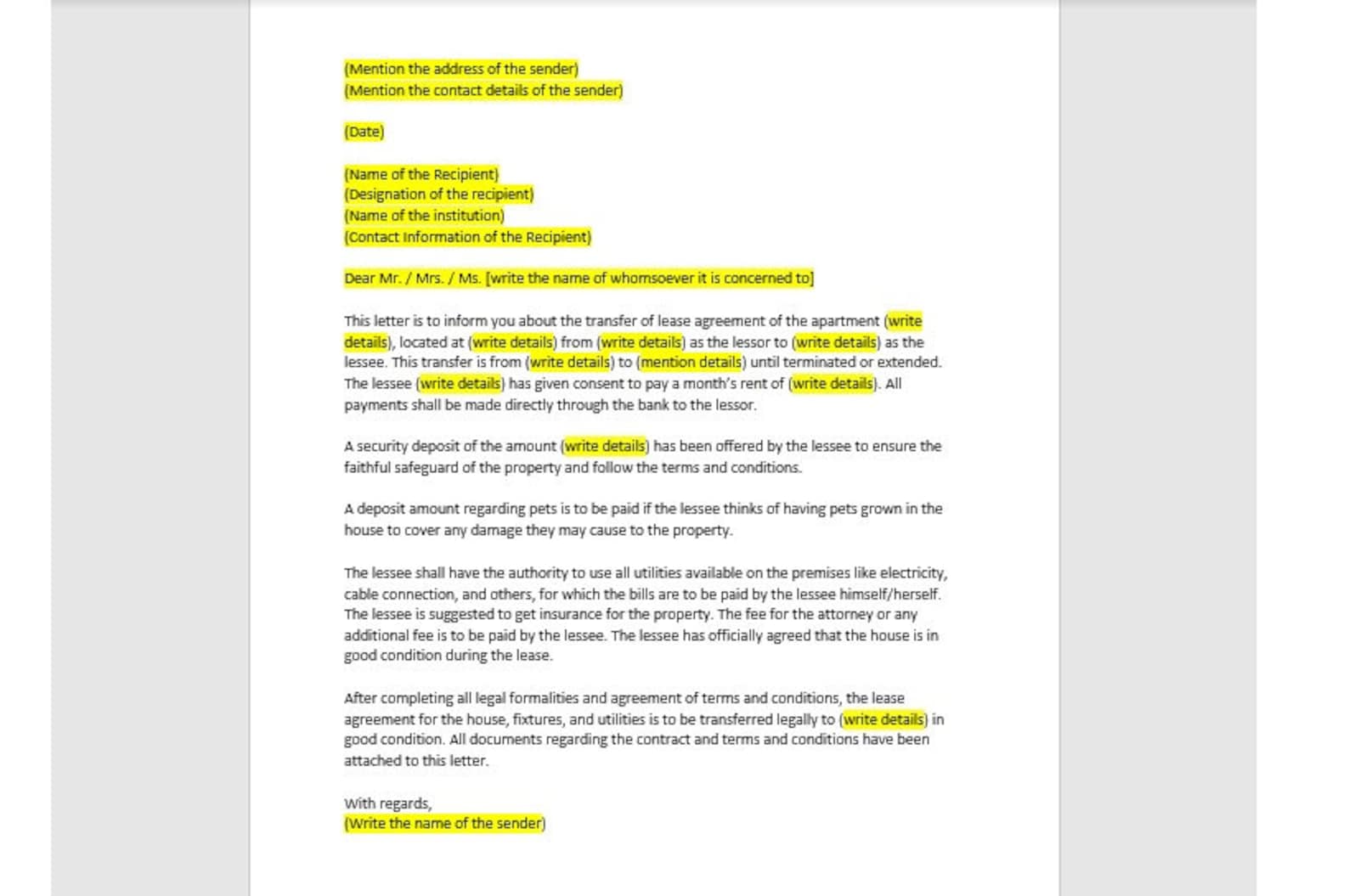 Lease Agreement Transfer Letter Template, Lease Agreement Transfer ...