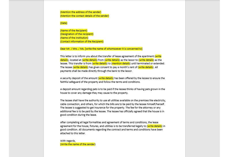 Lease Agreement Transfer Letter Template, Lease Agreement Transfer ...