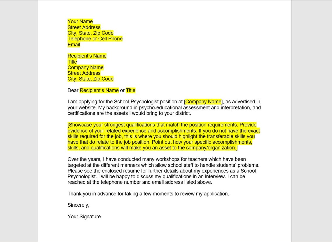 School Psychologist Cover Letter, Cover Letter Template, Editable Cover ...