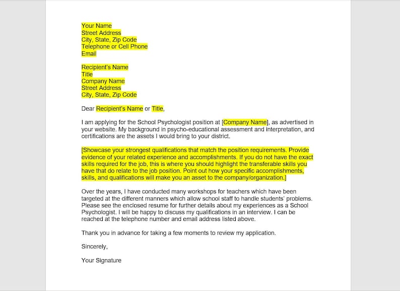 School Psychologist Cover Letter, Cover Letter Template, Editable Cover ...