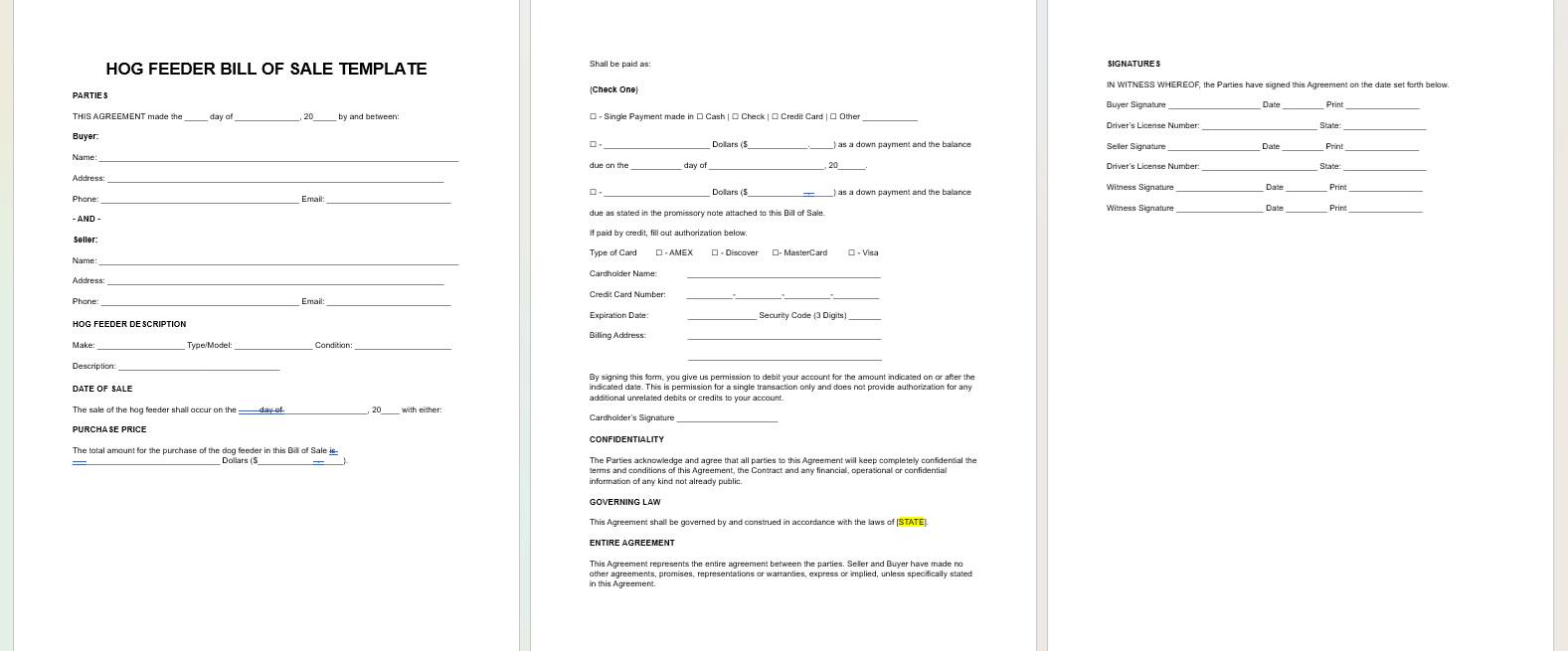 Editable Hog Feeder Bill of Sale Template, Editable Bill of Sale, Bill ...