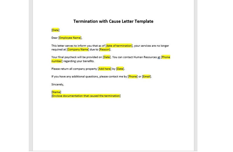 Termination With Cause Letter Template, Termination Letter, Termination ...