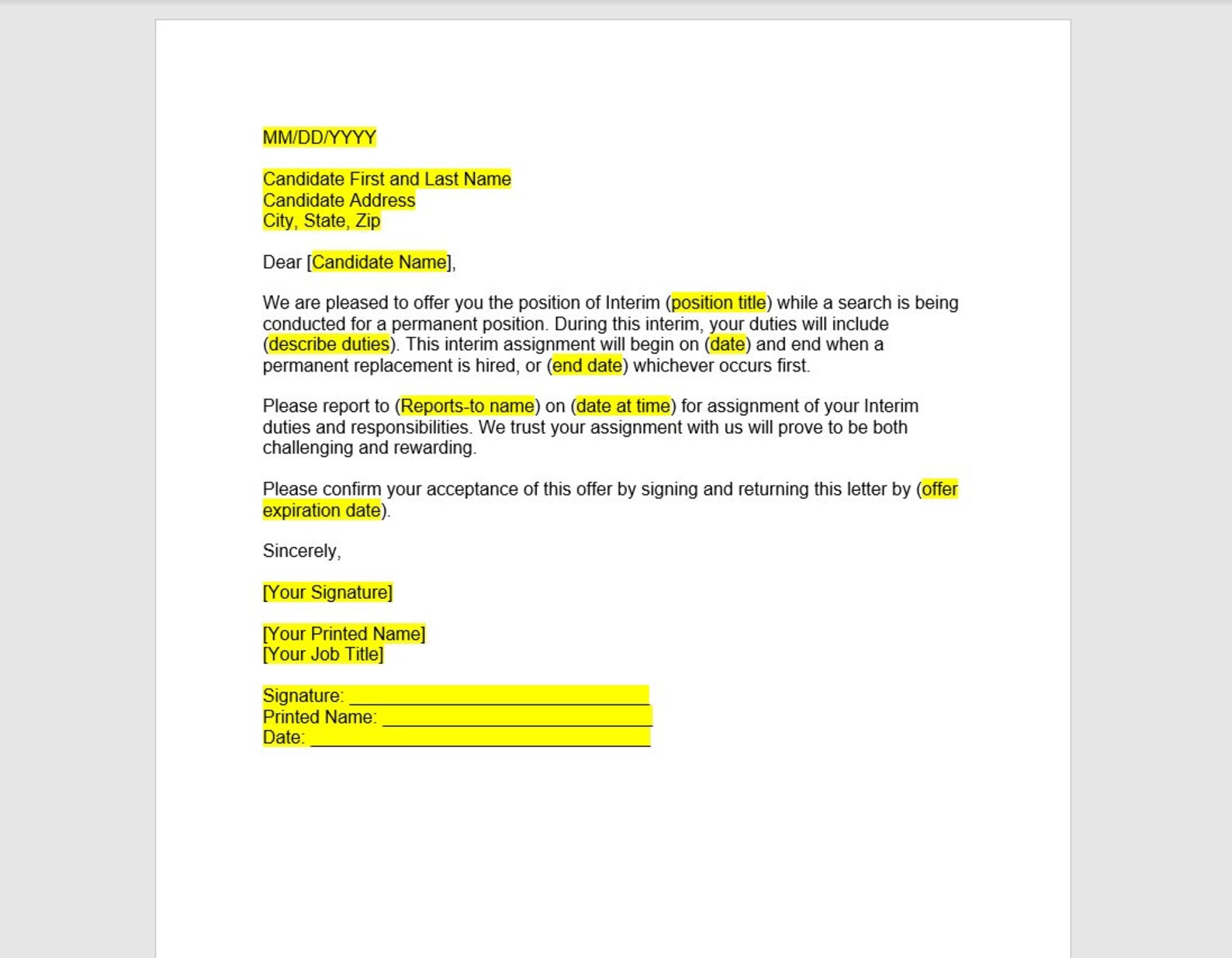 Interim Employment Offer Letter Template, Employment Offer Letter ...