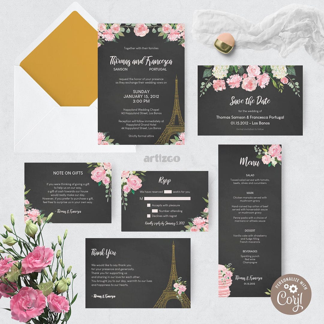Paris Wedding Invitation – Editable Eiffel Tower Theme – Romantic Corjl ...