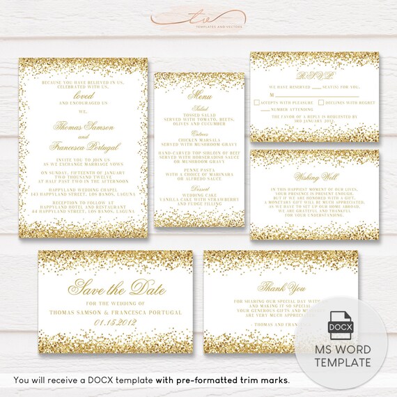 Sparkling Gold Glitter Border Wedding Invitation Template | Etsy