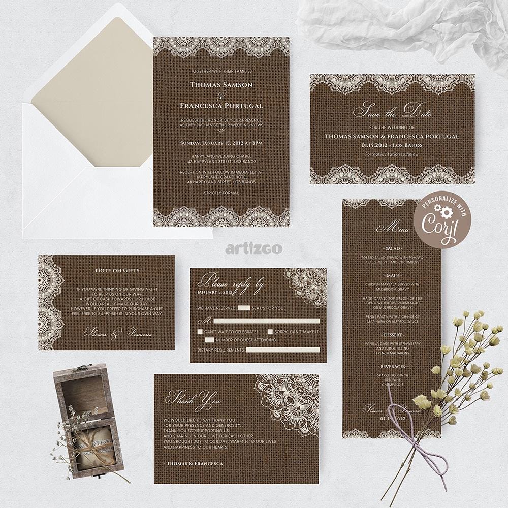 Filipiniana Lace Wedding Invitation – Rustic Burlap Editable Corjl ...