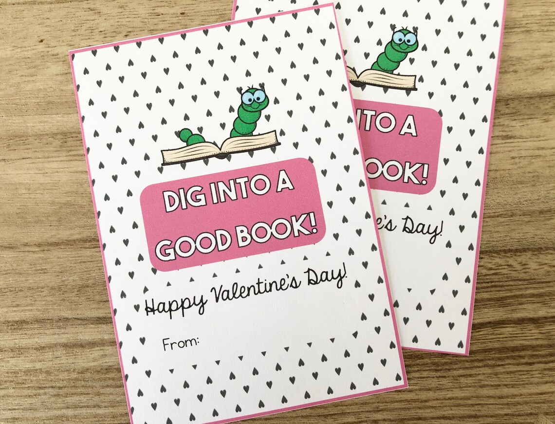 Printable Bookmark Holder Valentine Cards, Bookworm Valentines, Boomark ...