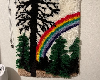 Vintage Latch Hook Wall Hanging Large Flower Power Hippie Rainbow ...